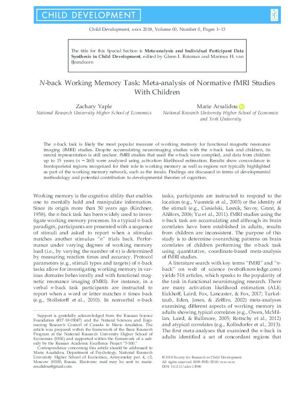 (PDF) N-back Working Memory Task: Meta-analysis of Normative fMRI Studies With Children