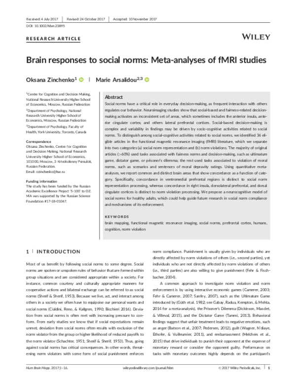 (PDF) Brain responses to social norms: Meta-analyses of fMRI studies