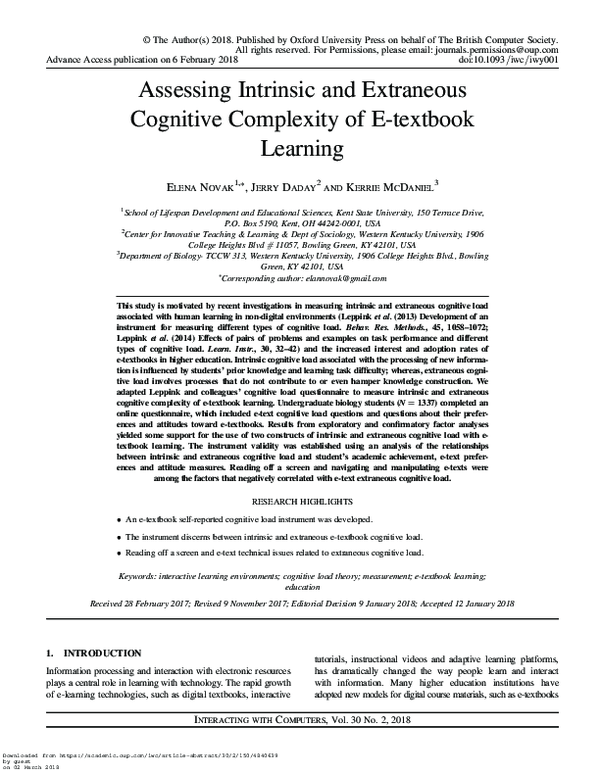 (PDF) Assessing intrinsic and extraneous cognitive complexity of e-textbook learning