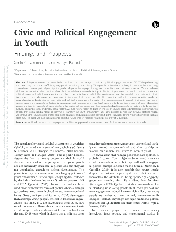(PDF) Civic and political engagement in youth: Findings and prospects