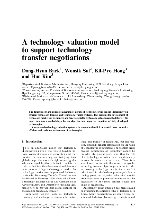 (PDF) A technology valuation model to support technology transfer ...