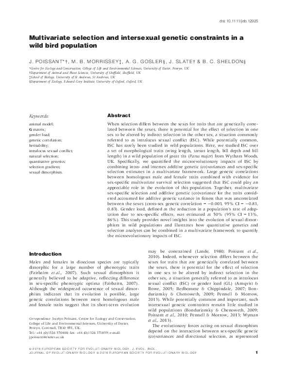 Pdf Multivariate Selection And Intersexual Genetic Constraints In A