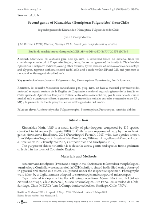 (PDF) Second genus of Kinnaridae (Hemiptera: Fulgoroidea) from Chile ...