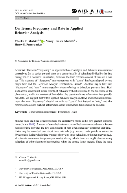 (PDF) On Terms: Frequency and Rate in Applied Behavior Analysis