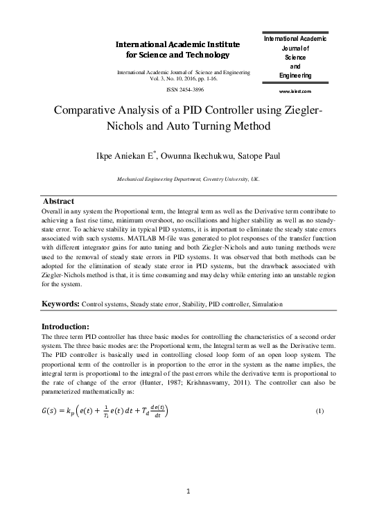 Pdf Comparative Analysis Of A Pid Controller Using Ziegler Nichols