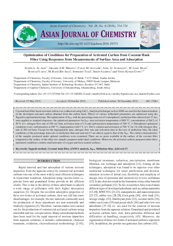 (PDF) Optimization of conditions for preparation of activated carbon from coconut husk fiber ...