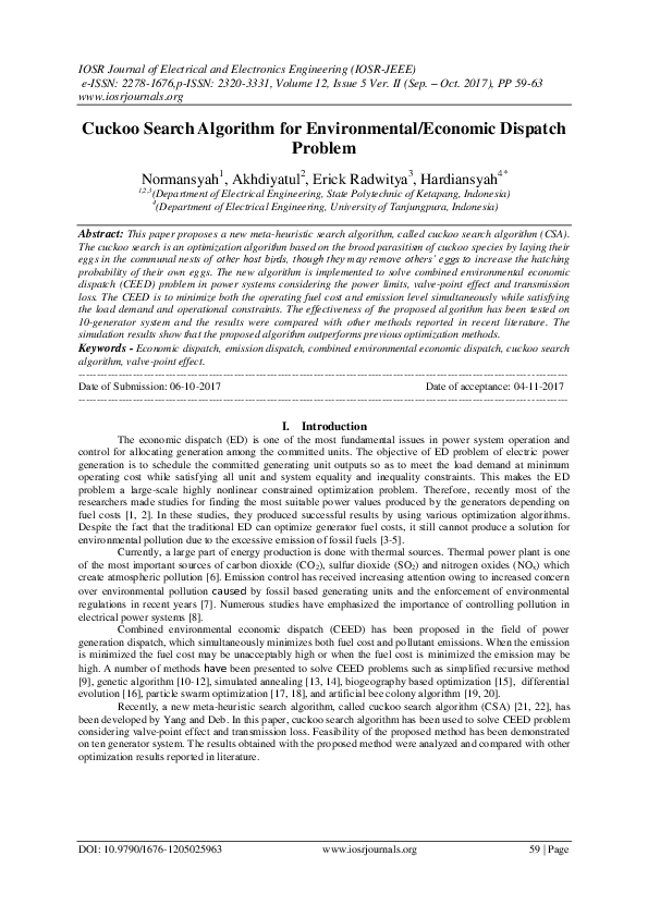 Pdf Cuckoo Search Algorithm For Environmentaleconomic Dispatch Problem