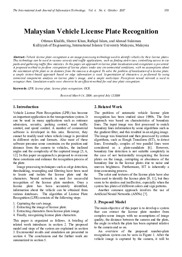 Pdf Malaysian Vehicle License Plate Recognition