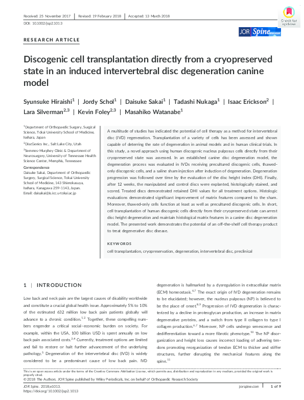 (PDF) Discogenic cell transplantation directly from a cryopreserved ...