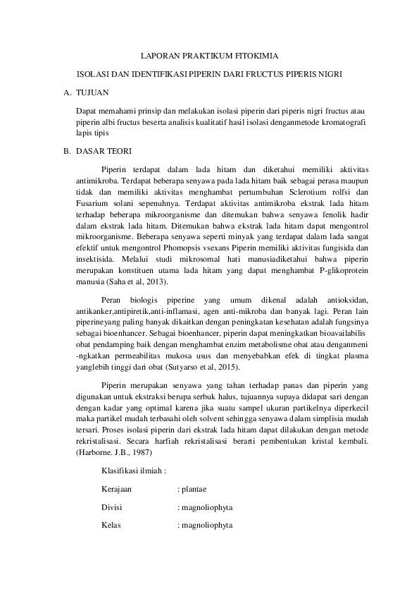 (DOC) LAPORAN PRAKTIKUM FITOKIMIA ISOLASI DAN IDENTIFIKASI PIPERIN DARI FRUCTUS PIPERIS NIGRI