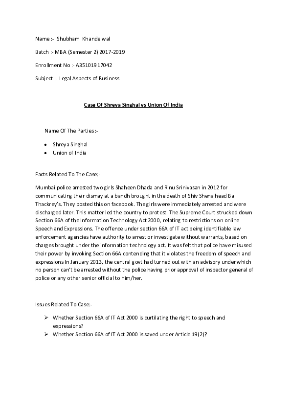 (DOC) Case of Shreya Singhal vs Union of India