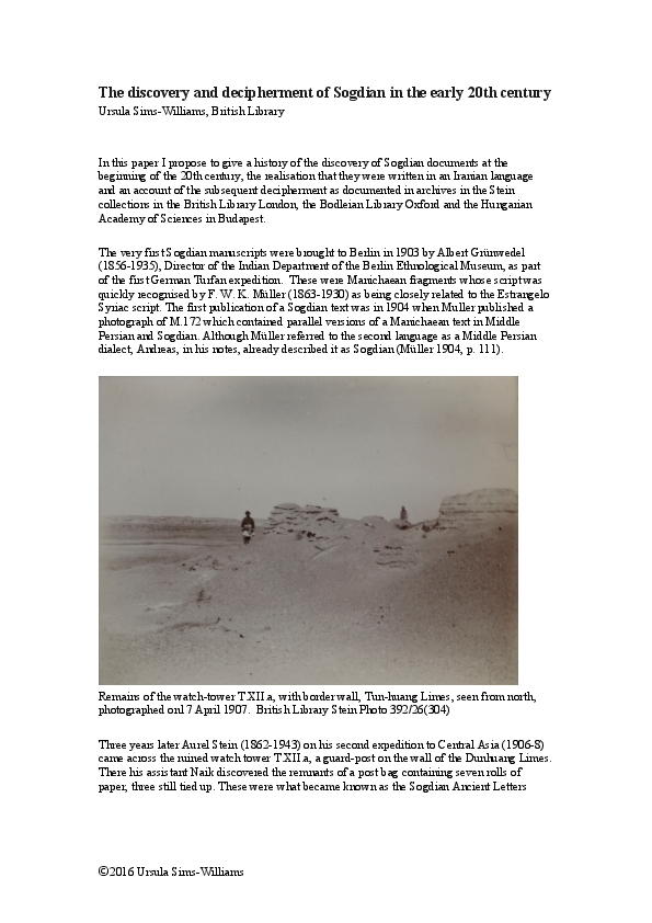 (PDF) The discovery and decipherment of Sogdian in the early 20th century