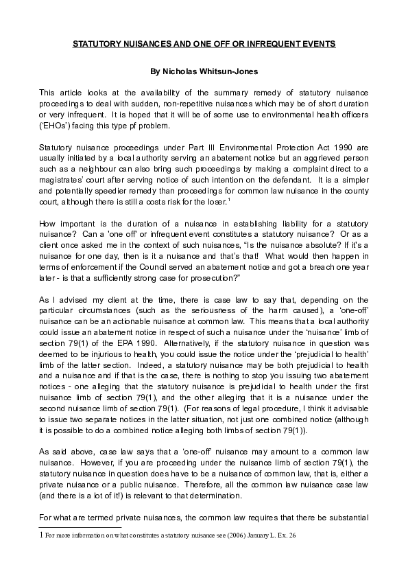 STATUTORY NUISANCES AND ONE OFF OR INFREQUENT EVENTS | Nicholas Whitsun ...