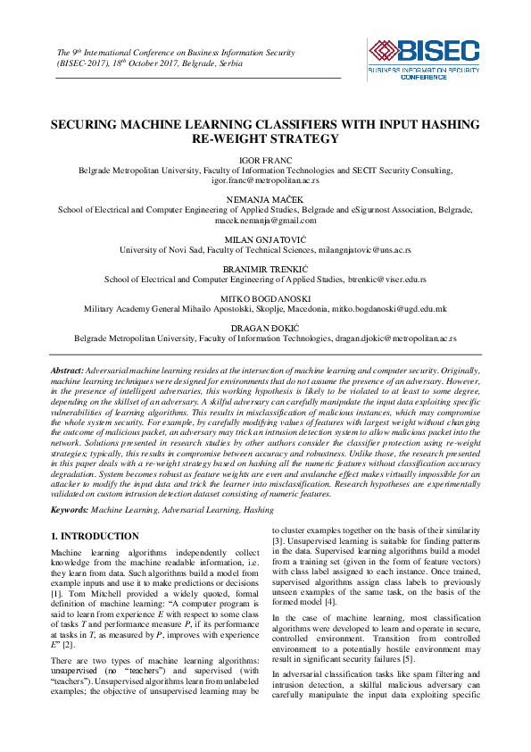 (PDF) Securing Machine Learning Classifiers with Input Hashing Re ...