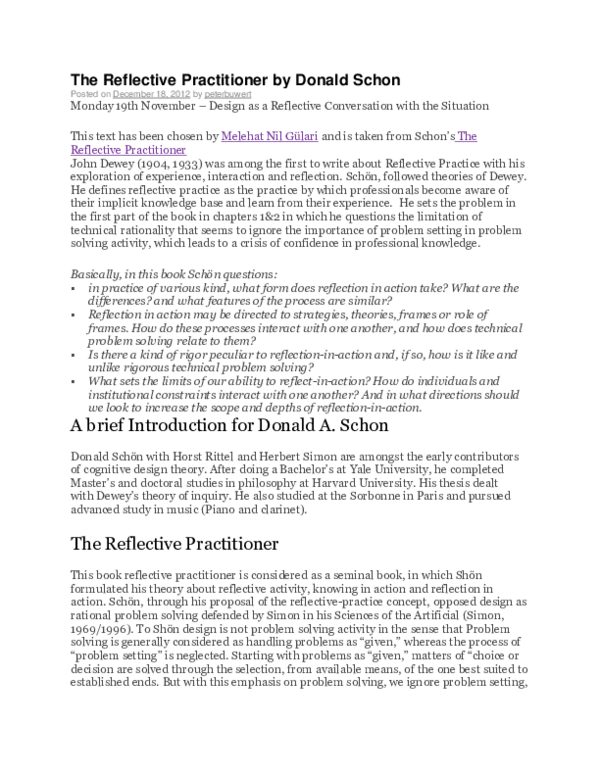 (DOC) Summary: The Reflective Practitioner by Donald Schon.docx