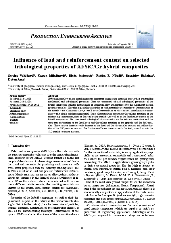 Pdf Influence Of Load And Reinforcement Content On Selected Tribological Properties Of Al Sic