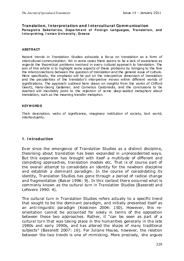 Pdf Translation Interpretation And Intercultural Communication