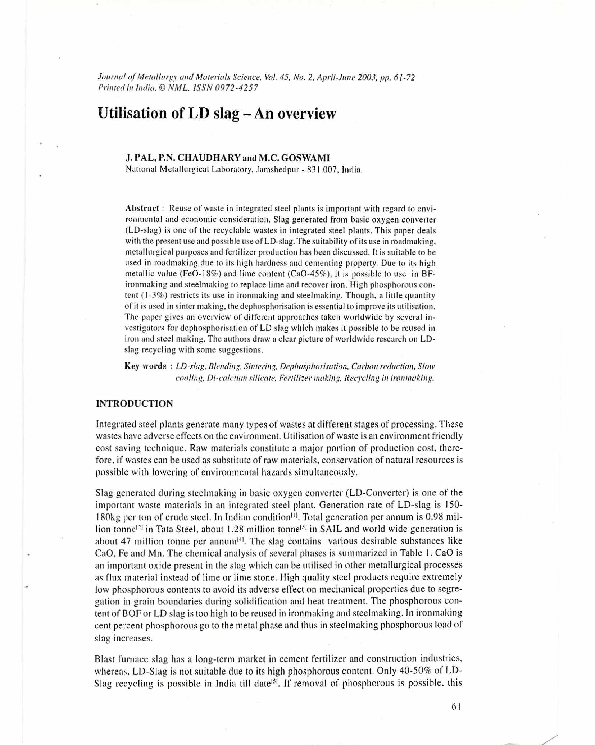 (PDF) Utilisation of LD slag — An overview