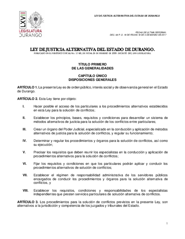 Pdf Ley De Justicia Alternativa Del Estado De Durango Ley De Justicia