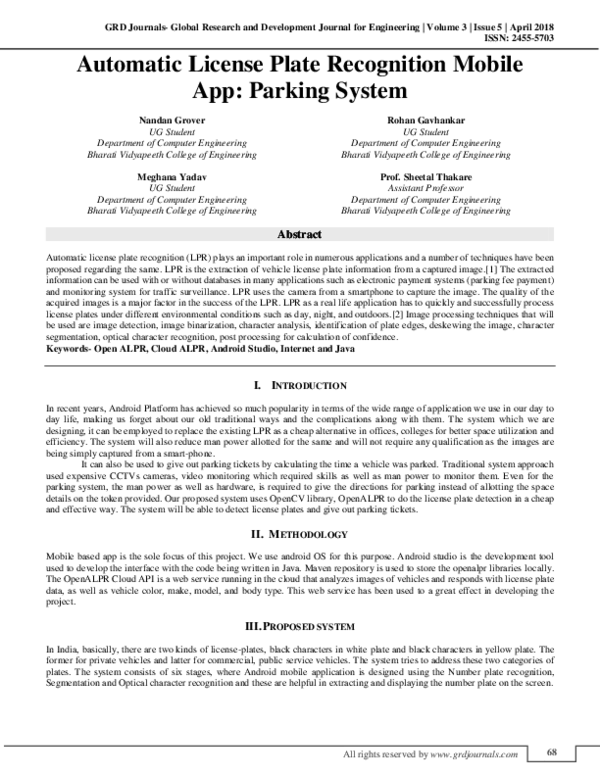(PDF) Automatic License Plate Recognition Mobile App: Parking System