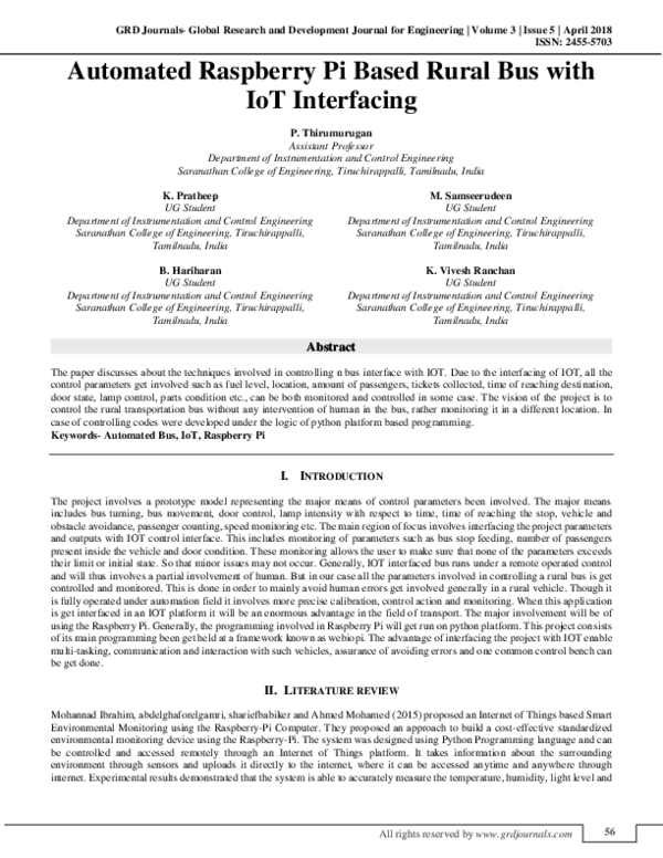 Pdf Automated Raspberry Pi Based Rural Bus With Iot Interfacing