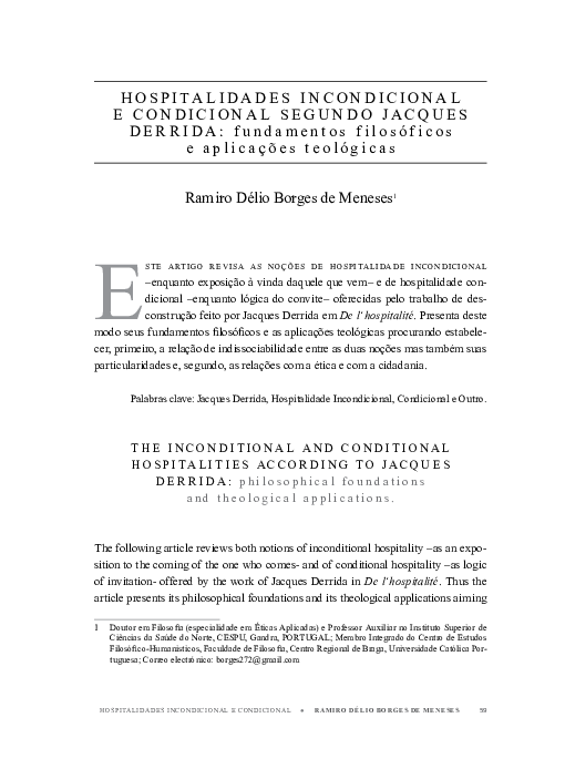 (PDF) HOSPITALIDADES INCONDICIONAL E CONDICIONAL SEGUNDO JACQUES ...