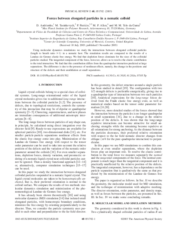 (PDF) Forces between elongated particles in a nematic colloid