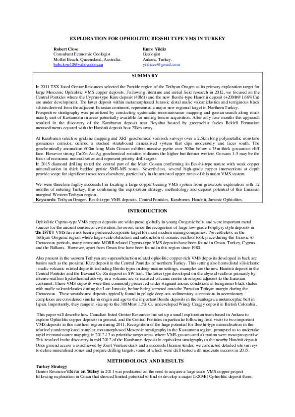 (PDF) EXPLORATION FOR OPHIOLITIC BESSHI TYPE VMS IN TURKEY