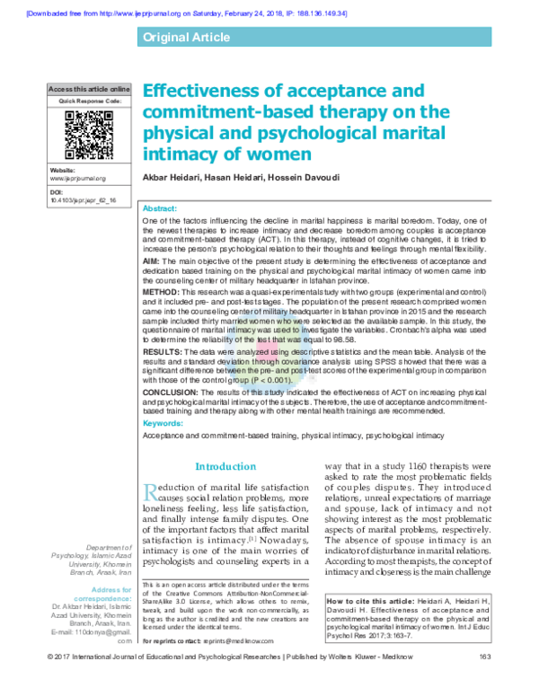 (PDF) Effectiveness of acceptance and commitment-based therapy on the physical and psychological ...