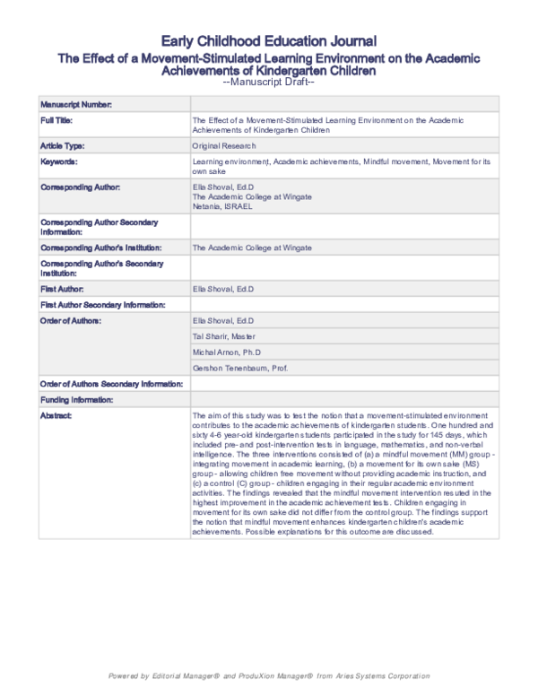 (PDF) Early Childhood Education Journal The Effect of a Movement ...