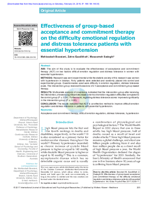 (PDF) Effectiveness of group-based acceptance and commitment therapy on the difficulty emotional ...