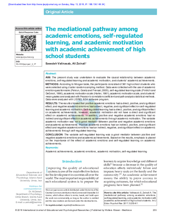 (PDF) The mediational pathway among academic emotions, self‑regulated learning, and academic ...