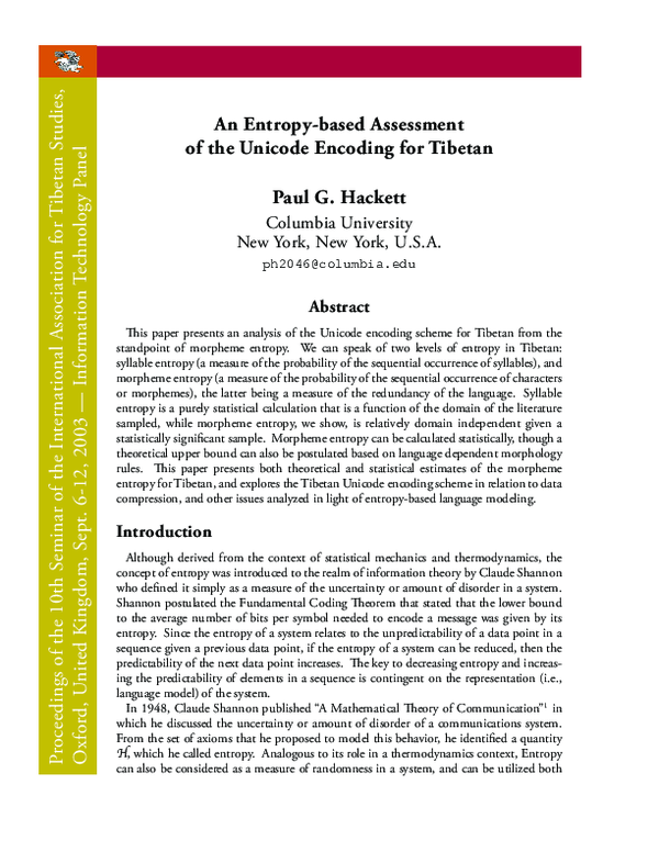 Pdf An Entropy Based Assessment Of The Unicode Encoding For Tibetan