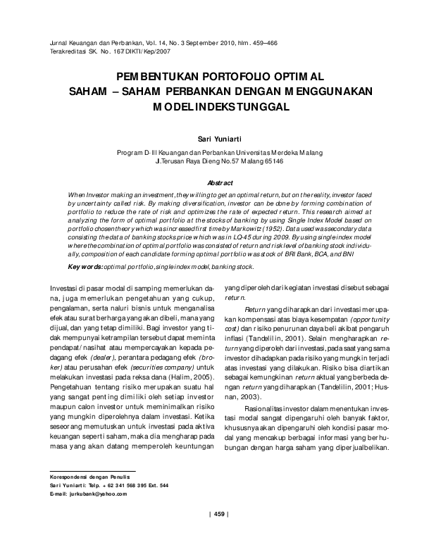 Pdf Pembentukan Portofolio Optimal Saham Saham Perbankan Dengan Menggunakan Model Indeks Tunggal