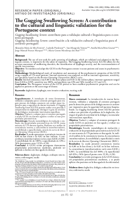 (PDF) The Gugging Swallowing Screen: A contribution to the cultural and linguistic validation ...