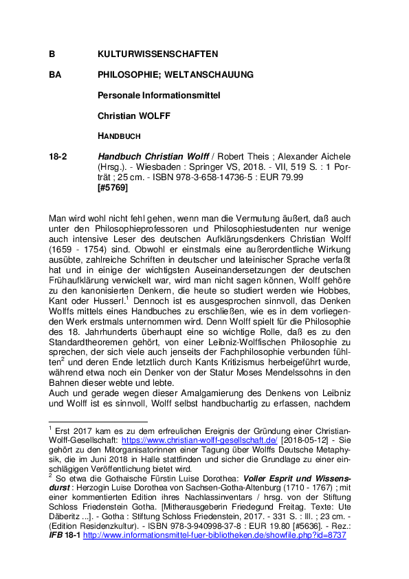 (PDF) IFB-Rezension Handbuch Christian Wolff / Robert Theis ; Alexander ...
