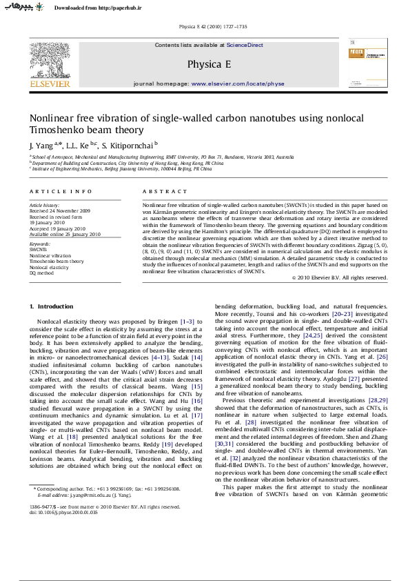 Pdf Nonlinear Free Vibration Of Single Walled Carbon Nanotubes Using
