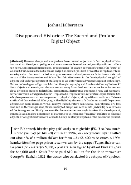 (PDF) Disappeared Histories: The Sacred and Profane Digital Object