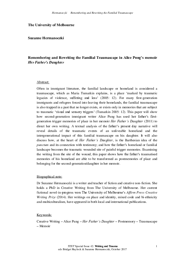 (PDF) Remembering and Rewriting the Familial Traumascape in Alice Pung ...