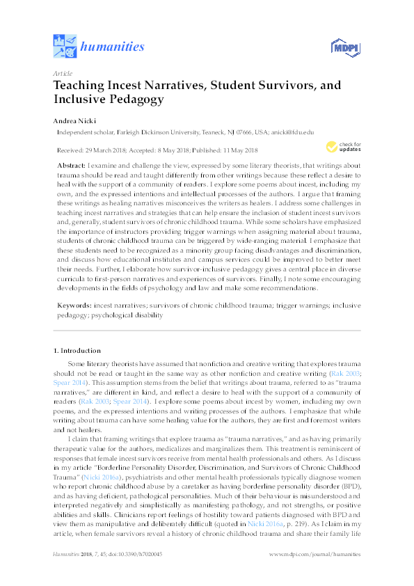 (PDF) Teaching Incest Narratives, Student Survivors, and Inclusive Pedagogy