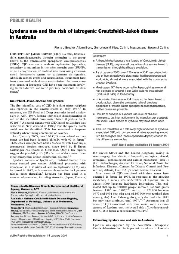 (PDF) Lyodura use and the risk of iatrogenic CJD - Fiona J Brooke ...