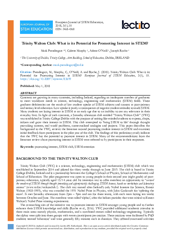 (PDF) Trinity Walton Club: What is its Potential for Promoting Interest ...