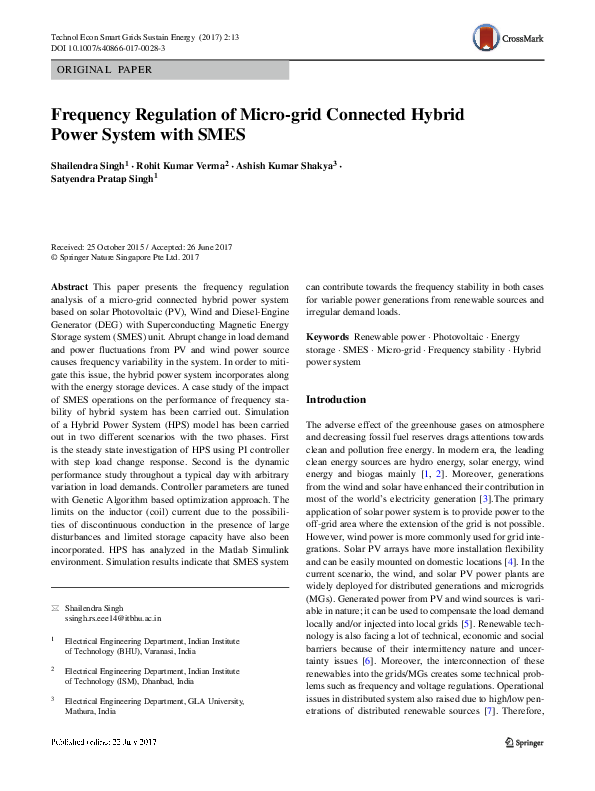 (PDF) Frequency Regulation of Micro-grid Connected Hybrid Power System with SMES