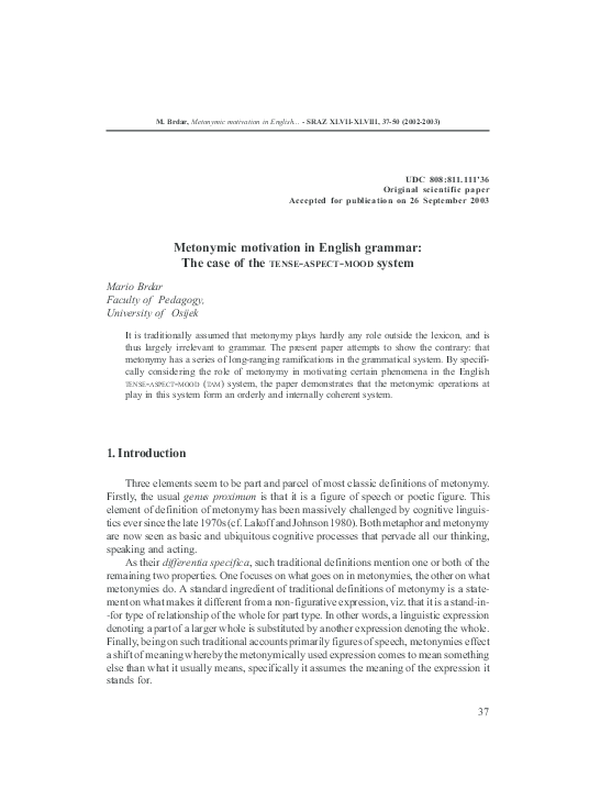 (PDF) Metonymic motivation in English grammar: The case of the TENSE-ASPECT-MOOD system