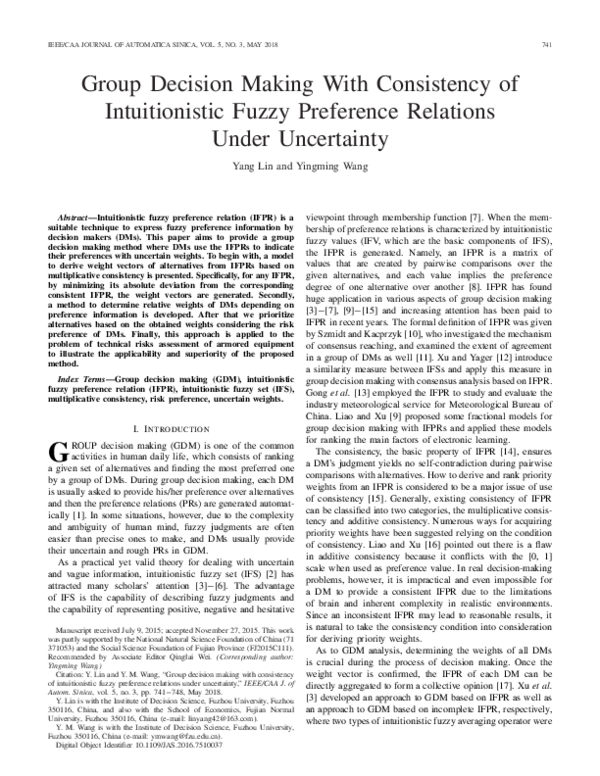 (PDF) Group Decision Making With Consistency of Intuitionistic Fuzzy Preference Relations Under ...