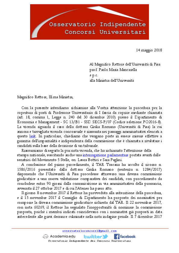 (PDF) Lettera OICU al Rettore dell'Università di Pisa per Giulia Romano ...