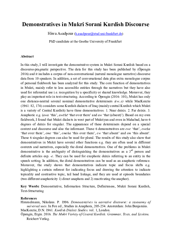 (PDF) Demonstratives in Mukri Sorani Kurdish Discourse (2018)