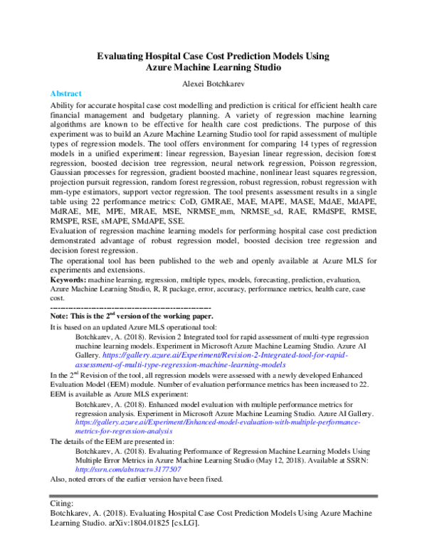 (PDF) Evaluating Hospital Case Cost Prediction Models Using Azure ...