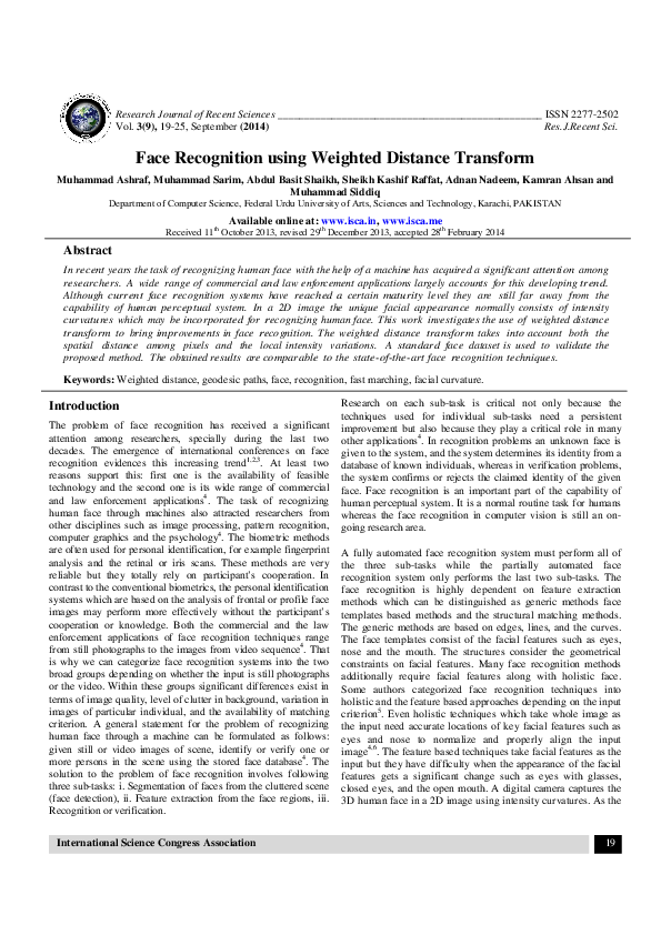(PDF) Face Recognition using Weighted Distance Transform | Muhammad Ashraf - Academia.edu