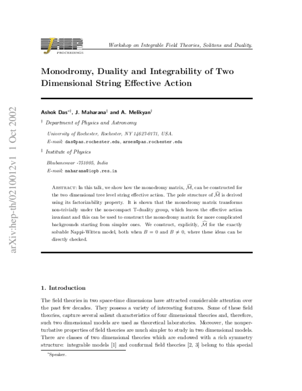 Pdf Monodromy Duality And Integrability Of Two Dimensional String